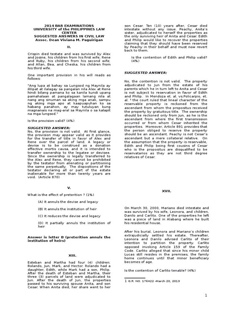 Succession Bar Questions 2014 and 2015 | PDF | Will And Testament ...