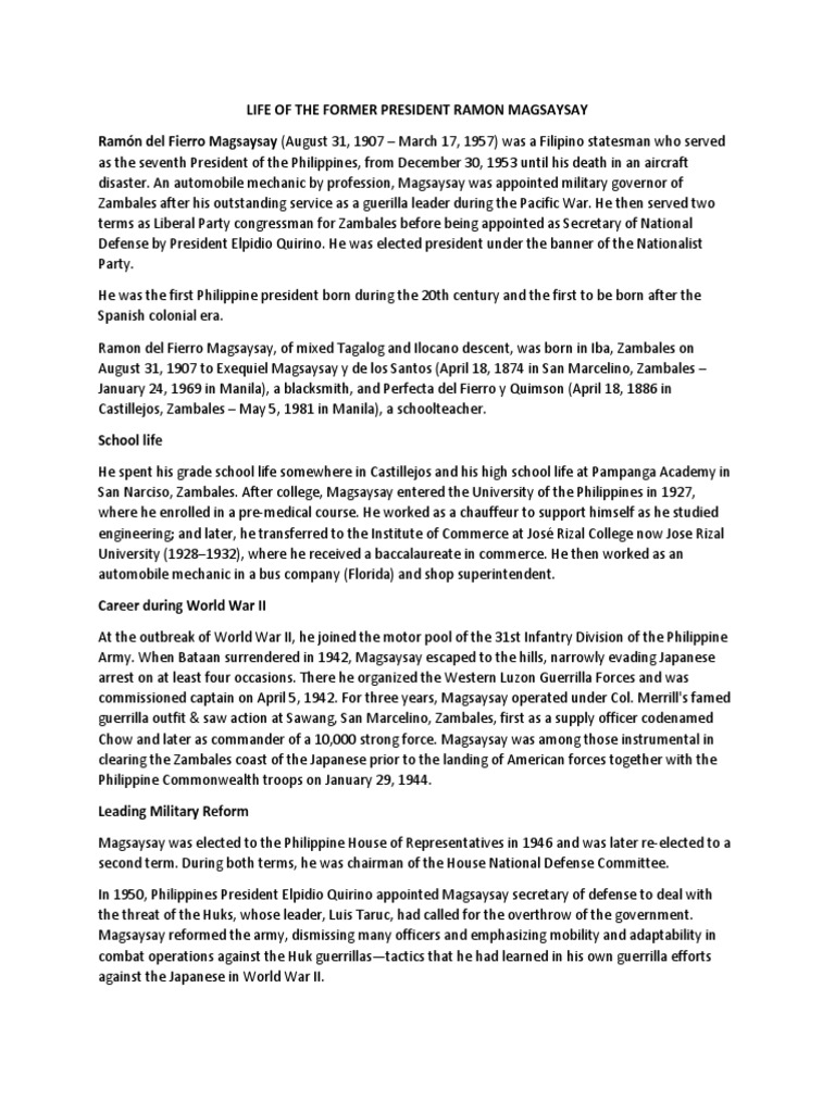 Life of The Former President Ramon Magsaysay Ramón Del Fierro Magsaysay ...