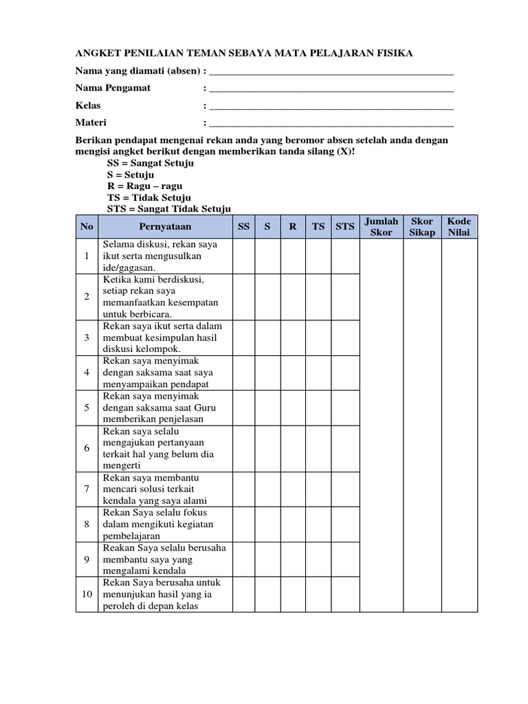 Angket Penilaian Teman Sebaya Mata Pelajaran Fisika | PDF