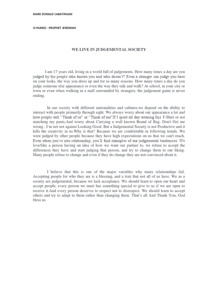 We Live in Judgemental Society: Mark Donald Cabatingan | PDF
