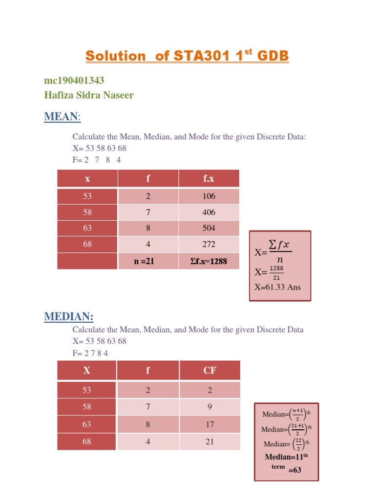 Solution of STA301 1 GDB: Mean | PDF