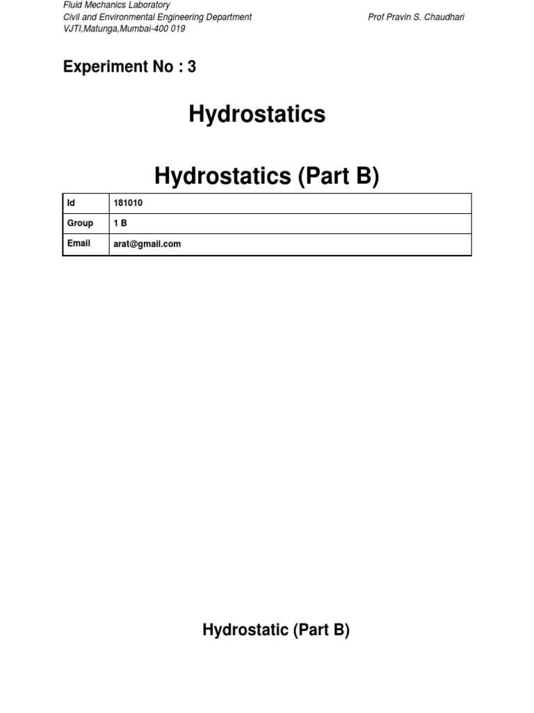 Hydrostatics Hydrostatics (Part B) : Experiment No: 3 | PDF | Buoyancy | Continuum Mechanics