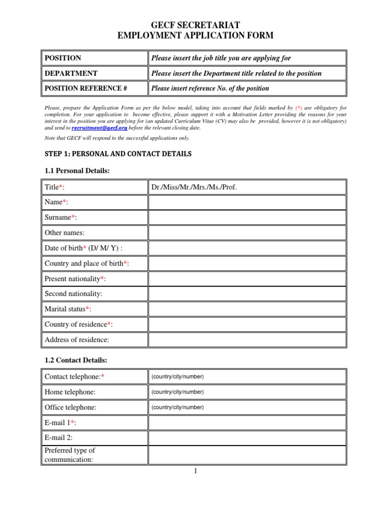 Gecf Secretariat Employment Application Form: Position Department | PDF ...