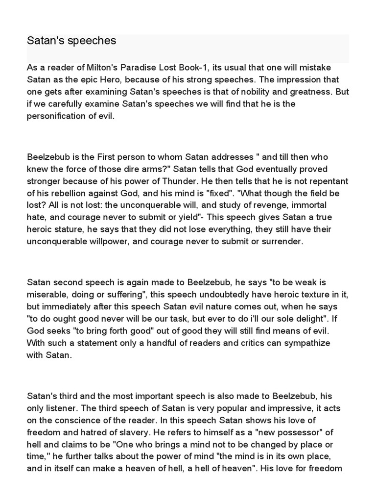 An Analysis of Satan's Speeches in Milton's Paradise Lost and Their ...