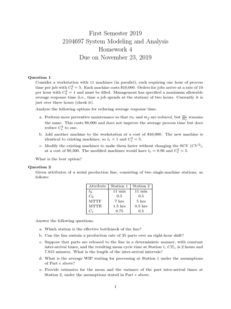 First Semester 2019 2104697 System Modeling and Analysis Homework 4 Due ...