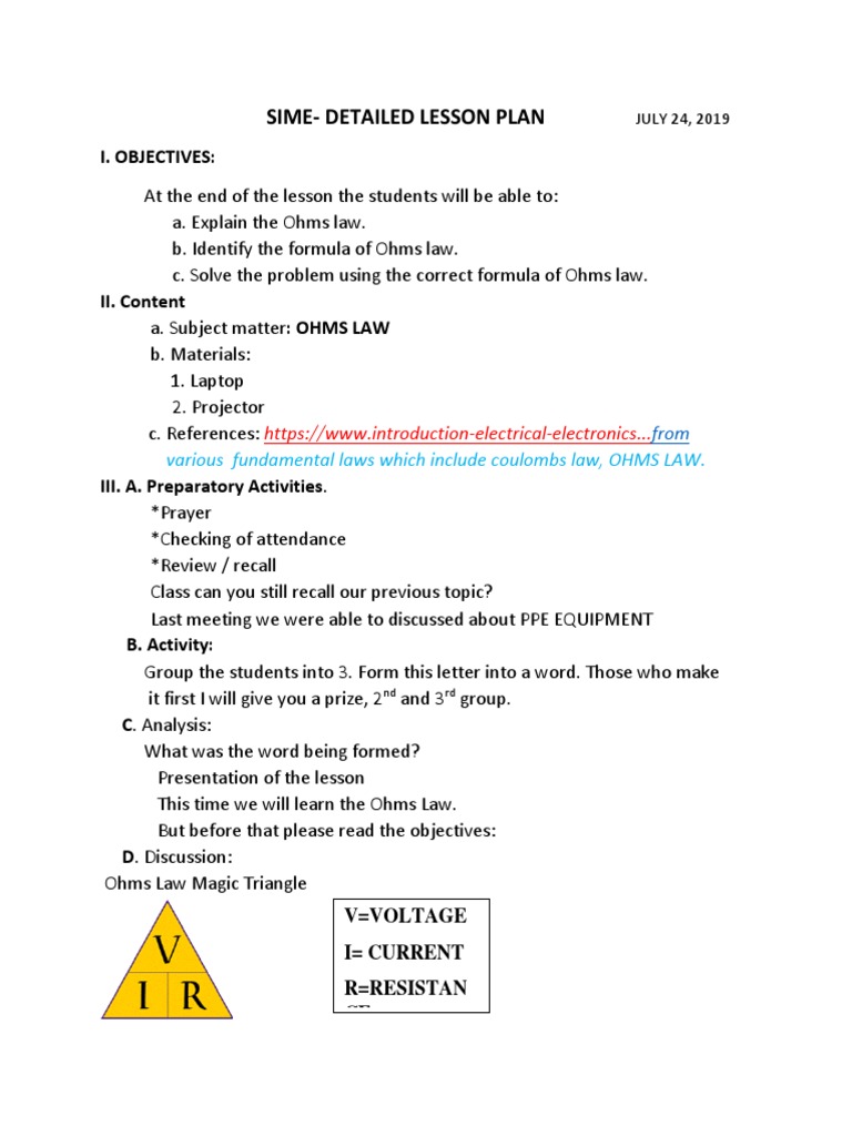 Sime Detailed Lesson Plan | PDF | Volt | Electrical Resistance And ...