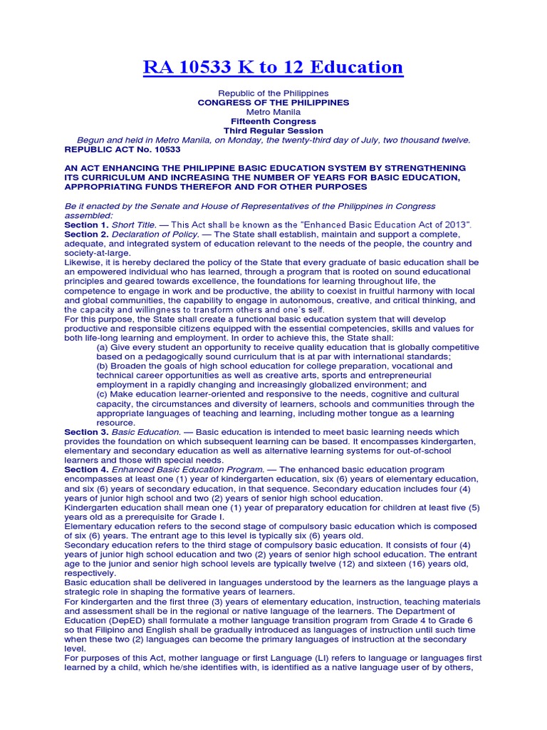 Ra 10533 | PDF | Curriculum | Secondary Education