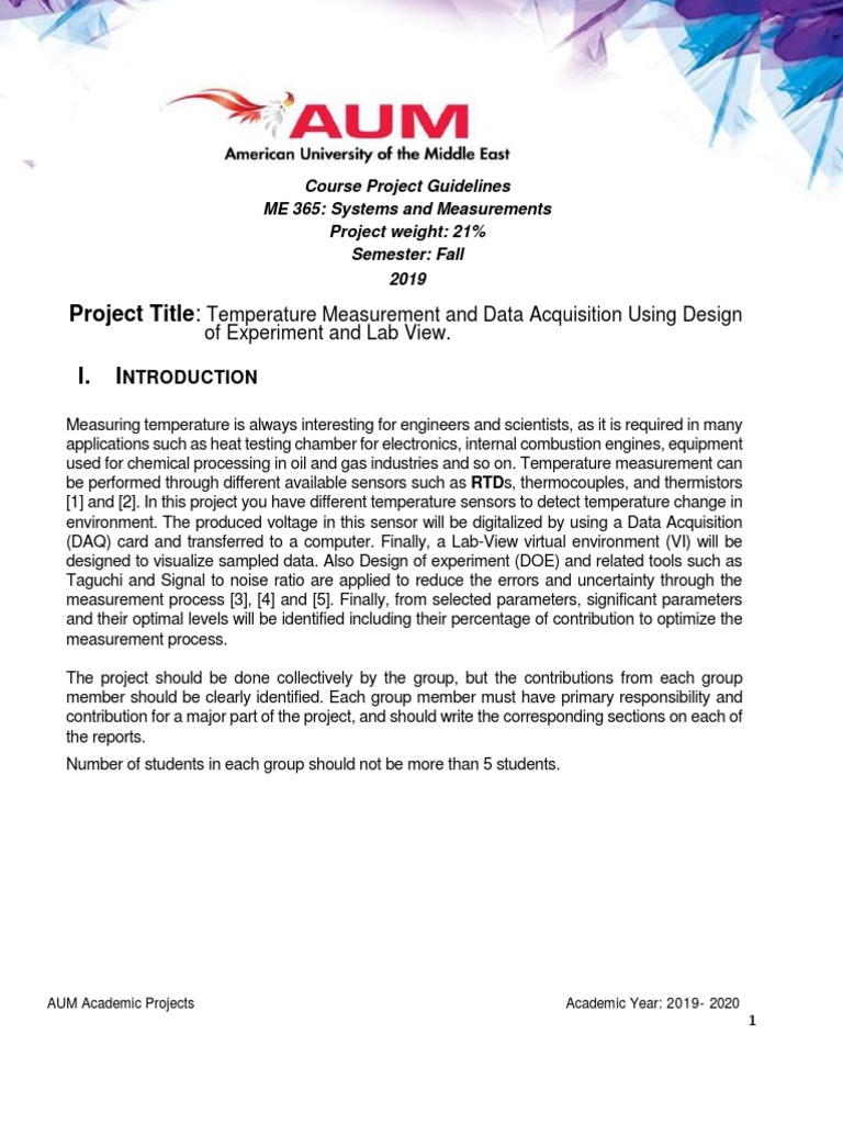 Project Title: I. I: Temperature Measurement and Data Acquisition Using Design of Experiment and ...