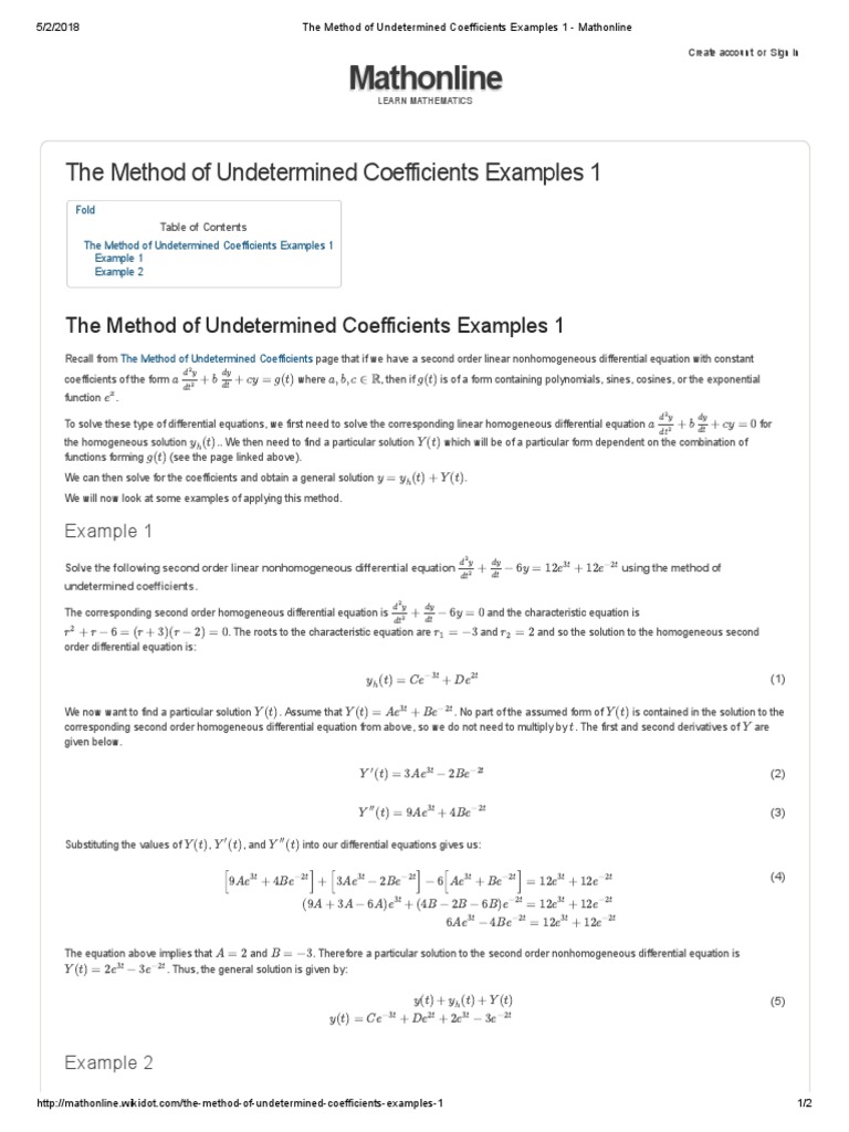 The Method of Undetermined Coefficients Examples 1 - Mathonline | PDF ...
