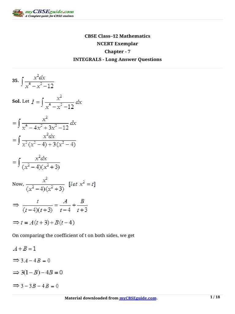 CBSE Class-12 Mathematics NCERT Exemplar Chapter - 7 INTEGRALS - Long ...