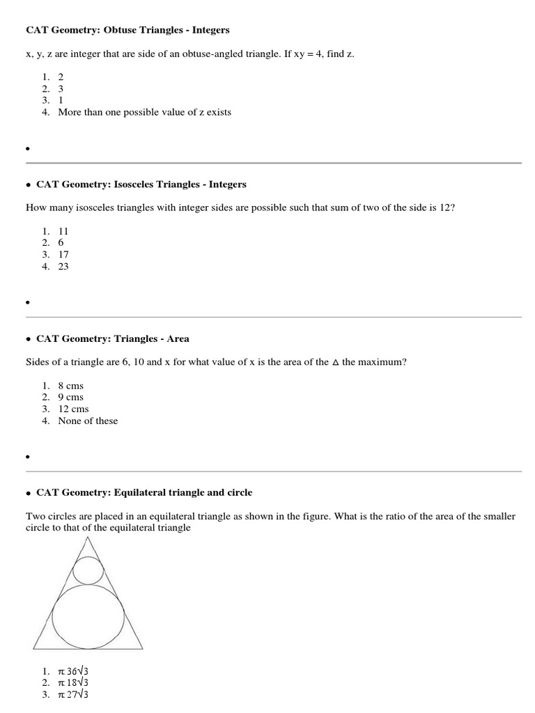 CAT Geometry: Obtuse Triangles - Integers | PDF | Circle | Area