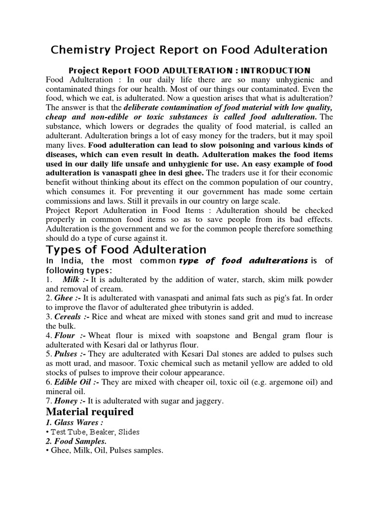 Chemistry Project Report On Food Adulteration | PDF | Solubility | Foods