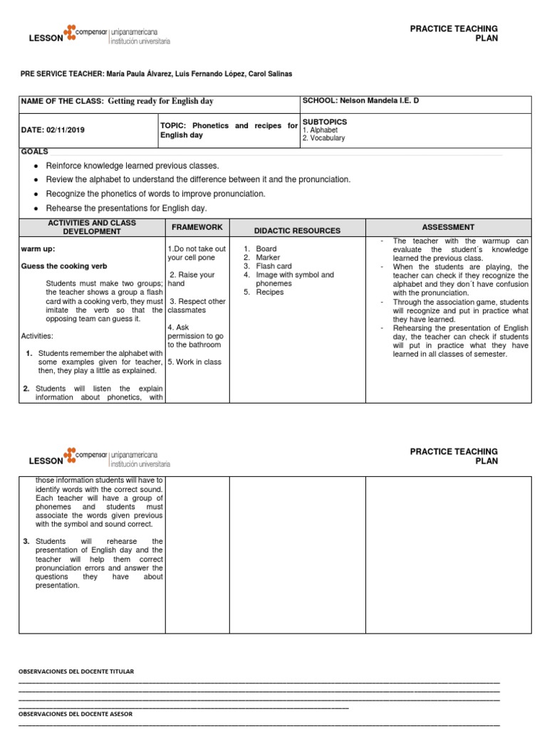 Practice Teaching Lesson Plan: PRE SERVICE TEACHER: María Paula Álvarez ...
