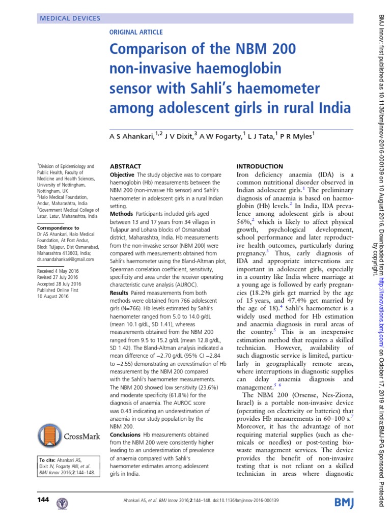 Comparison of The NBM 200 Non-Invasive Haemoglobin Sensor With Sahli 'S ...
