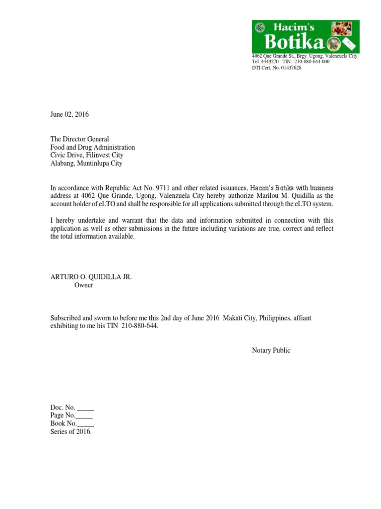 Authorization Letter To FDA | PDF