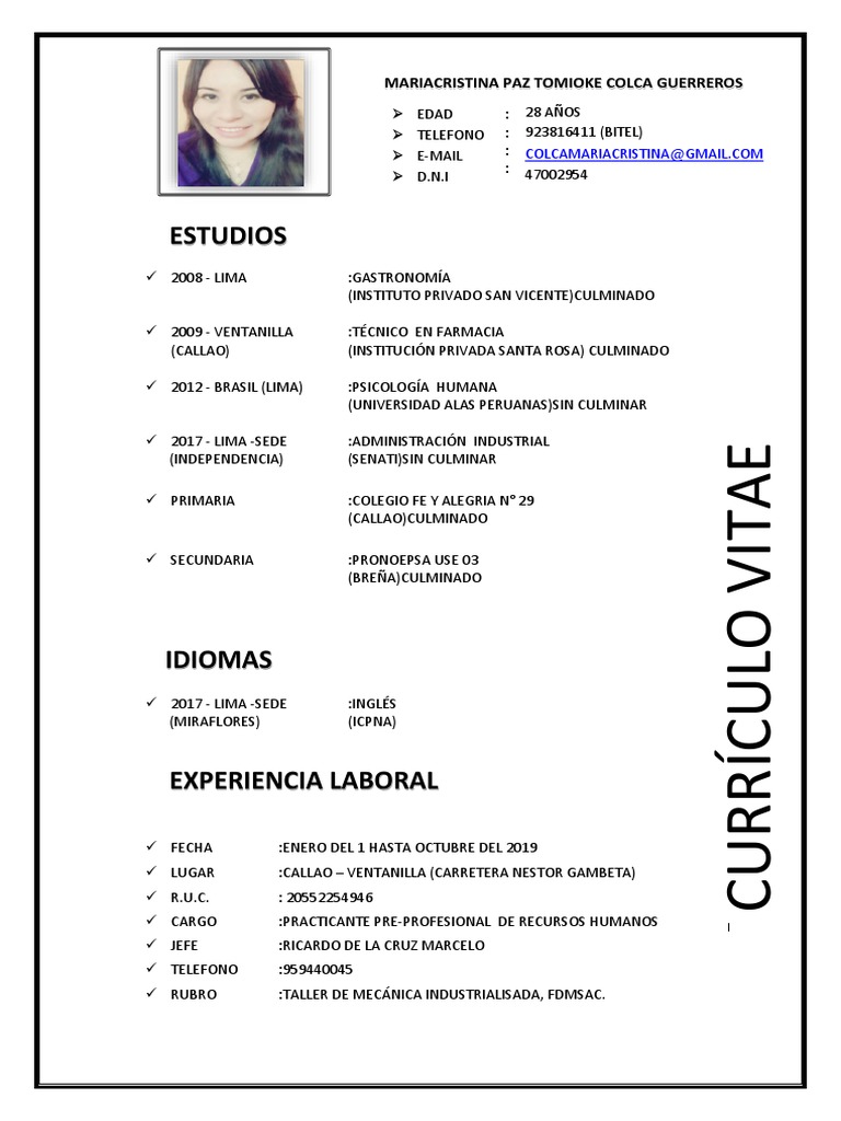 Currículum Vitae de Practicante en RRHH | PDF | Lima