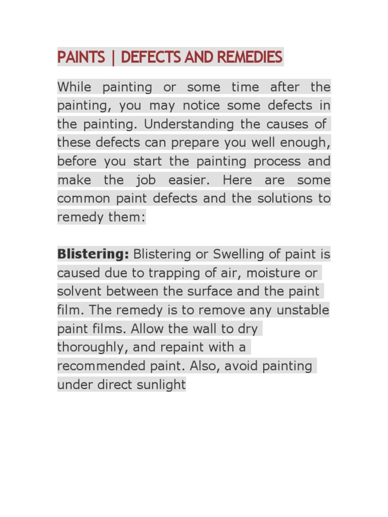 Paint Defects and Remedies | PDF | Paint | Materials