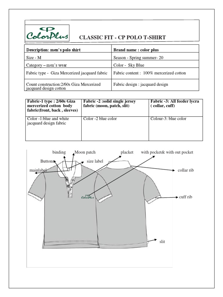 Classic Fit Polo Shirt Tech Pack | PDF | Yarn | Seam (Sewing)