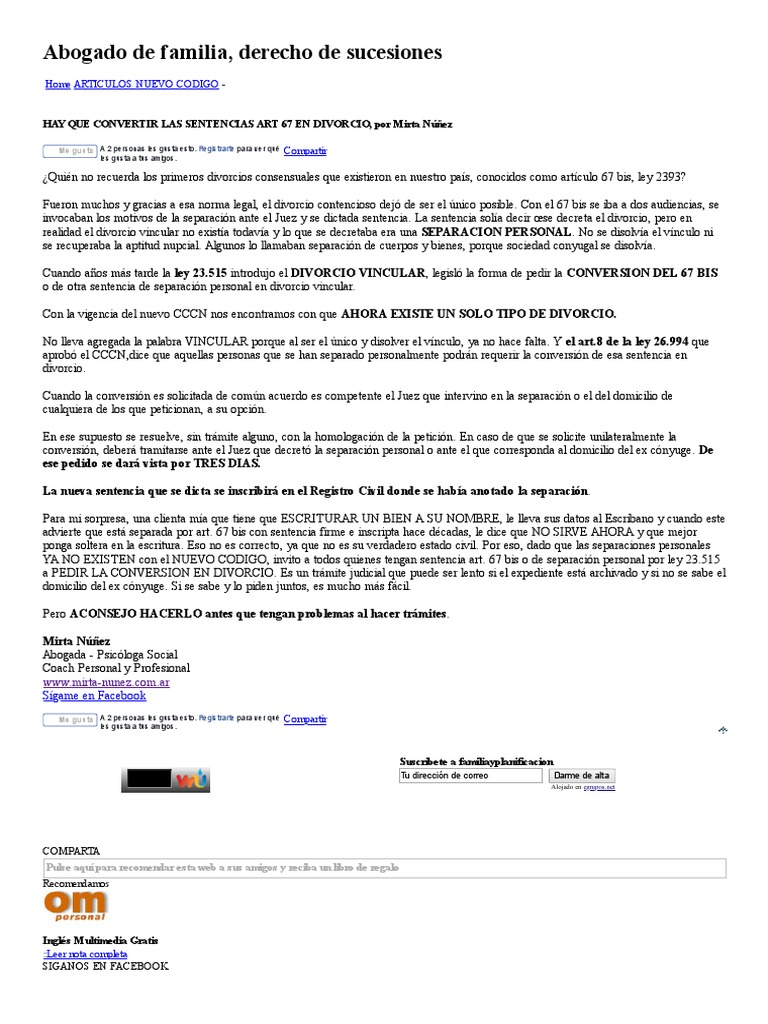 Derecho de Familia - Divorcio - Conversión de Las Sentencias Del Art ...
