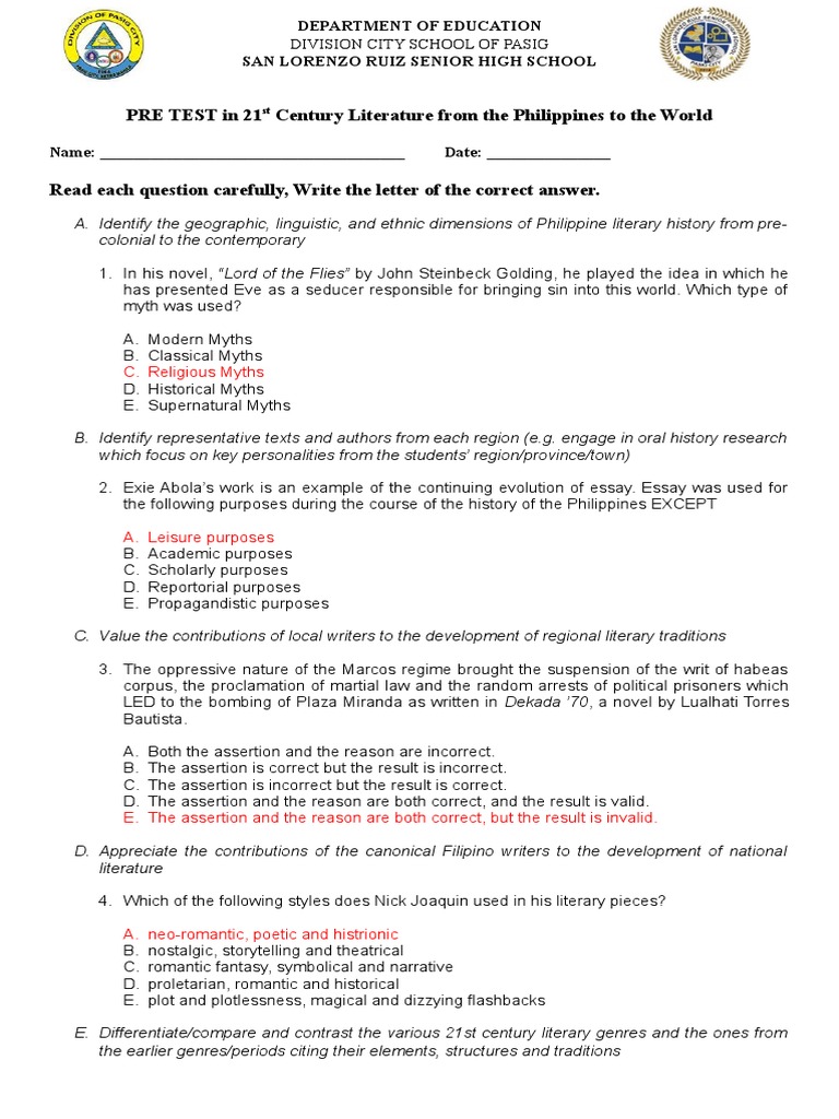 Pre Test. World Literature | PDF | Narrative | Multimedia