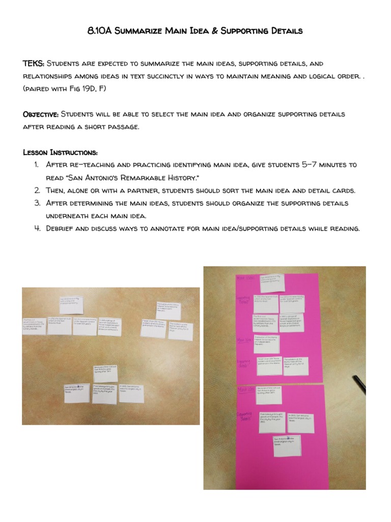 8.10A Summarize Main Idea & Supporting Details | PDF