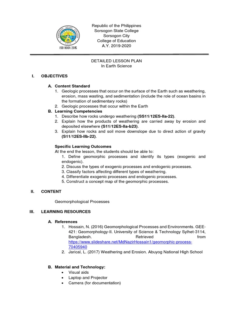 Detailed Lesson Plan (Geomorphic Process) | PDF | Geomorphology | Magma