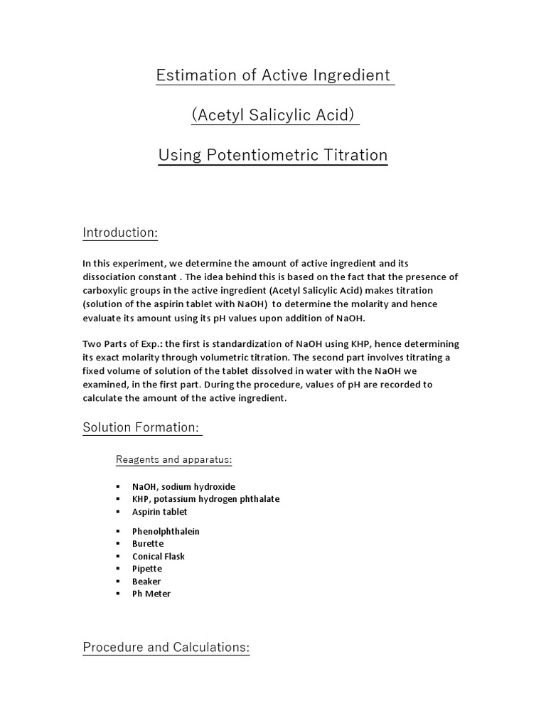 Potentiometric Titration of Aspirin Content | PDF | Titration | Chemistry