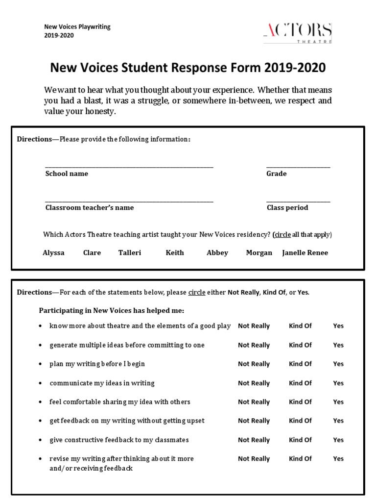 New Voices Student Response Form 2019-2020 | PDF
