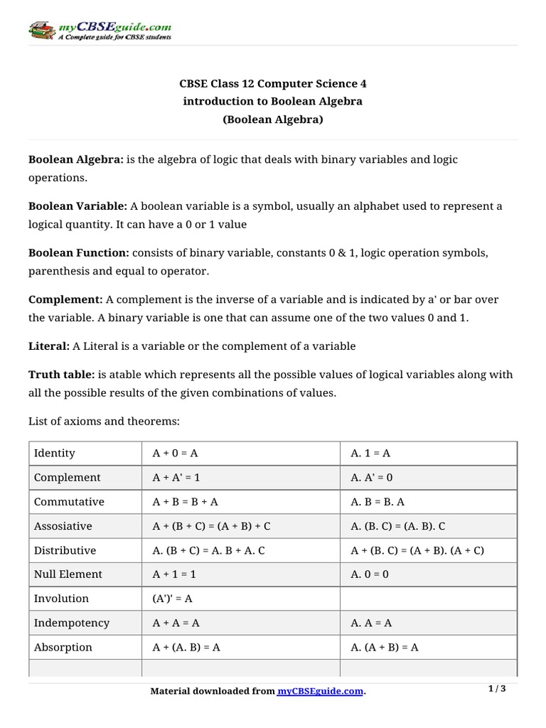 12 Comp Sci Revision Notes Intro To Boolean Algebra | PDF | Boolean ...
