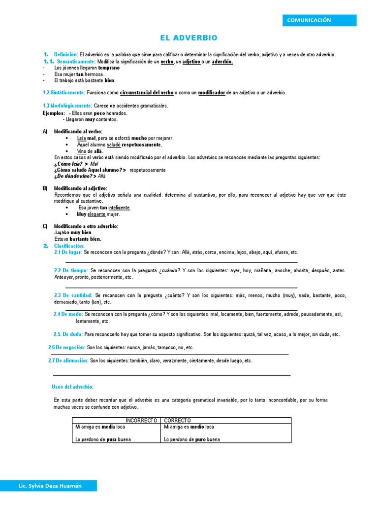 Definición y Clasificación del Adverbio | PDF | Adverbio | Adjetivo