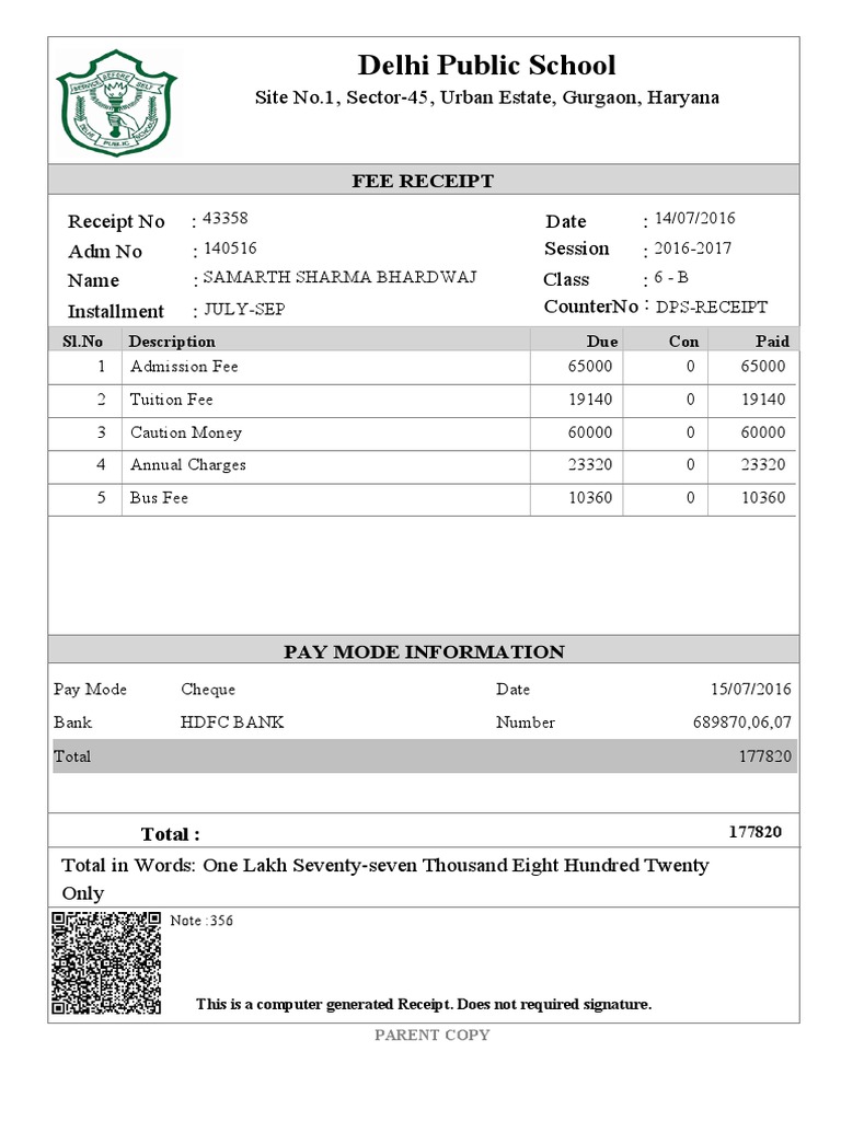 Delhi Public School: Fee Receipt | PDF