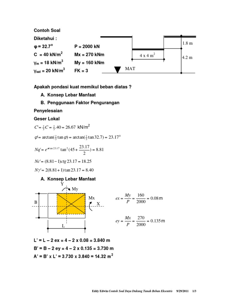 Contoh Soal Daya Dukung Tanah Beban Eksentris PDF | PDF
