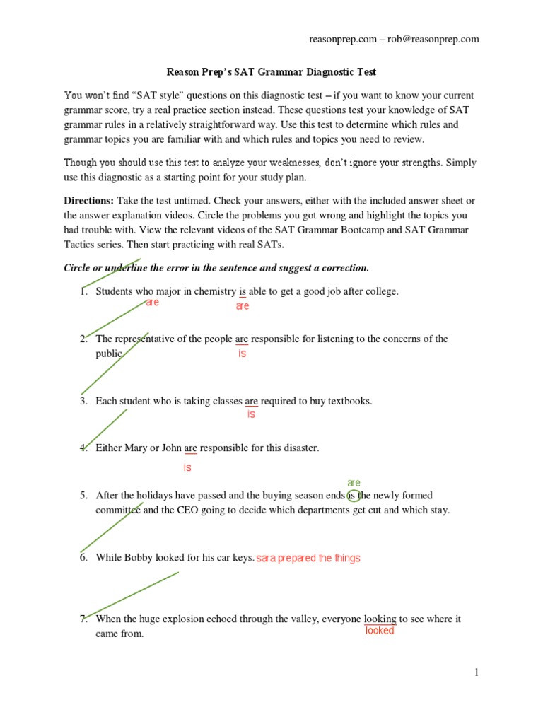 Reason Prep's SAT Grammar Diagnostic Test: Circle or Underline The ...