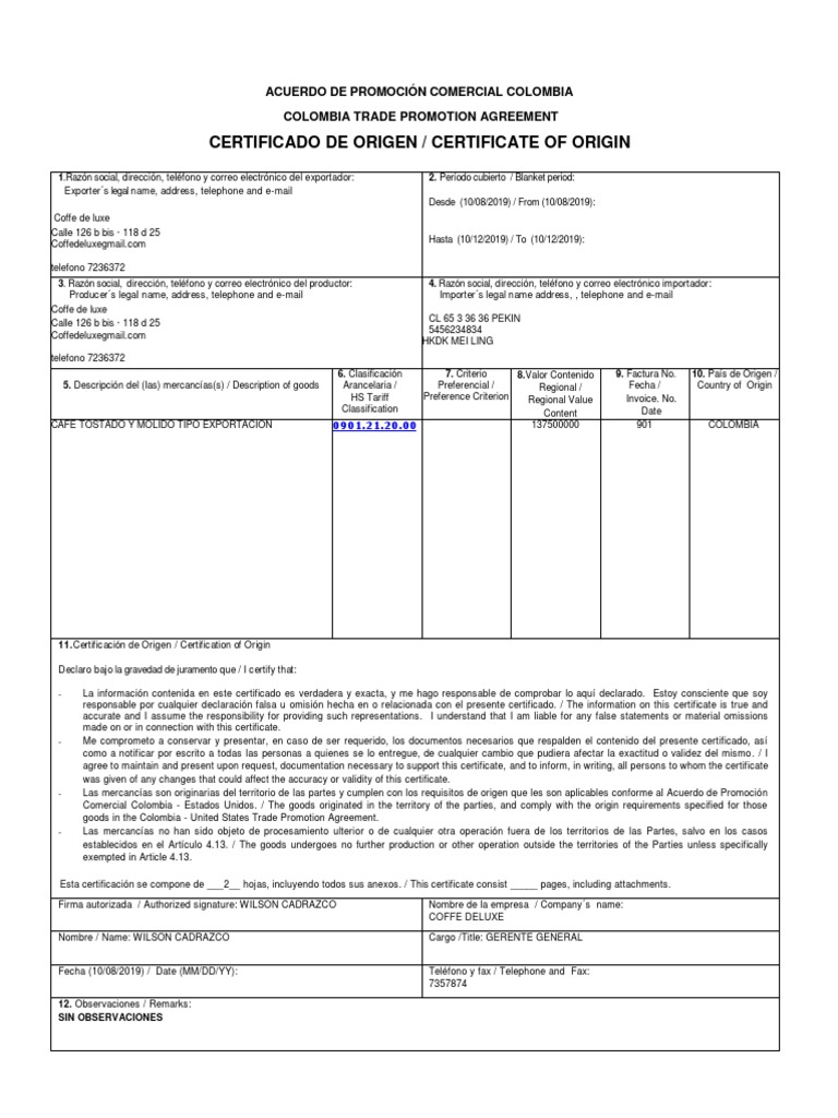 Certificado de Origen | PDF
