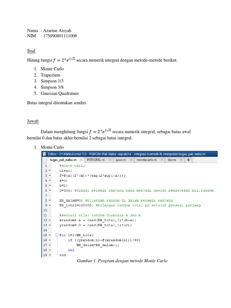 Integral Menggunakan Beberapa Metode Dengan Matlab | PDF