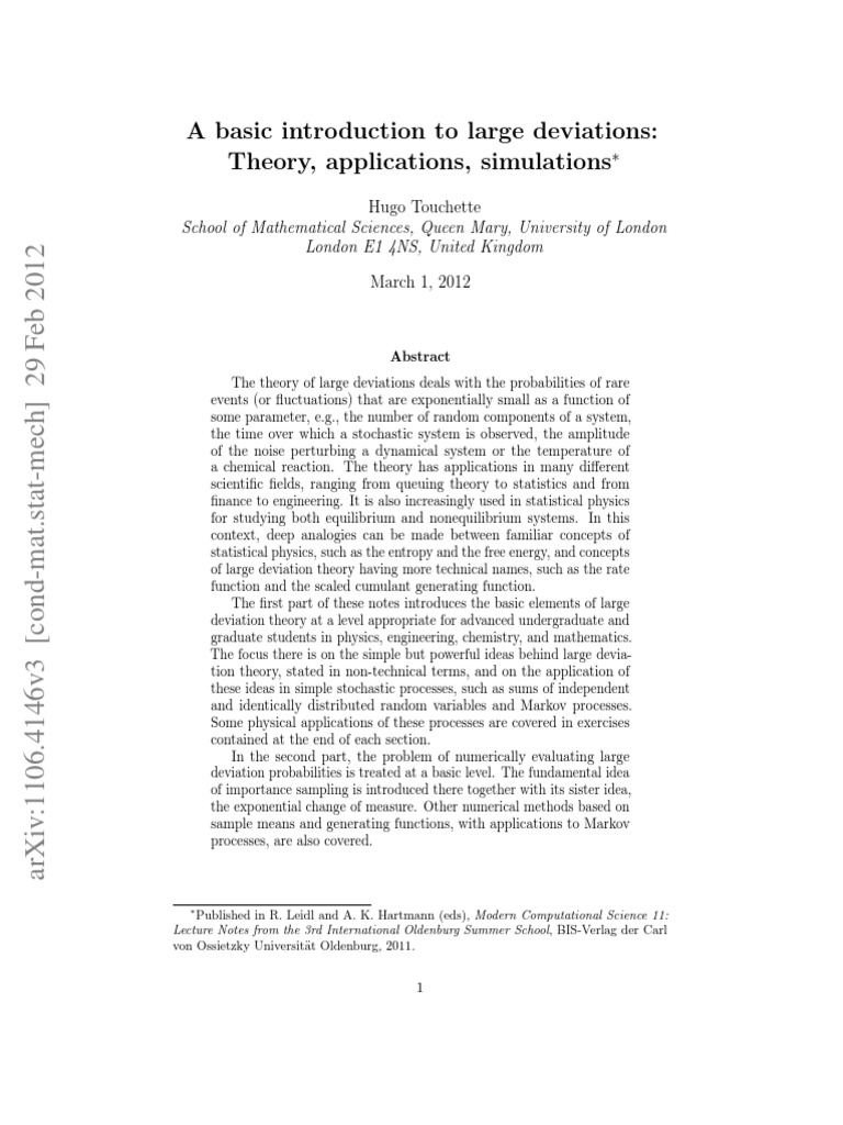 Touchette - A Basic Introduction To Large Deviations PDF | PDF | Probability Theory | Stochastic ...