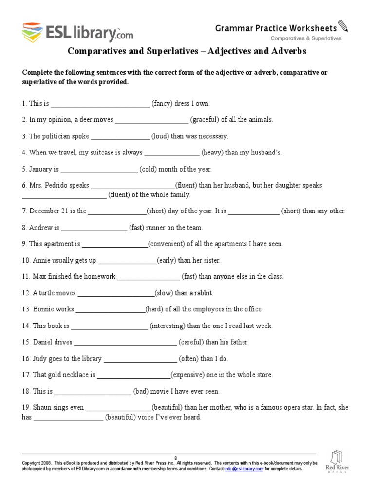 Grammar Practice Worksheets Comparatives And Superlatives Answers