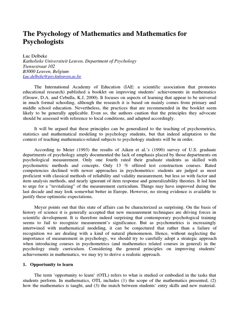 The Psychology of Mathematics and Mathematics For Psychologists | PDF ...