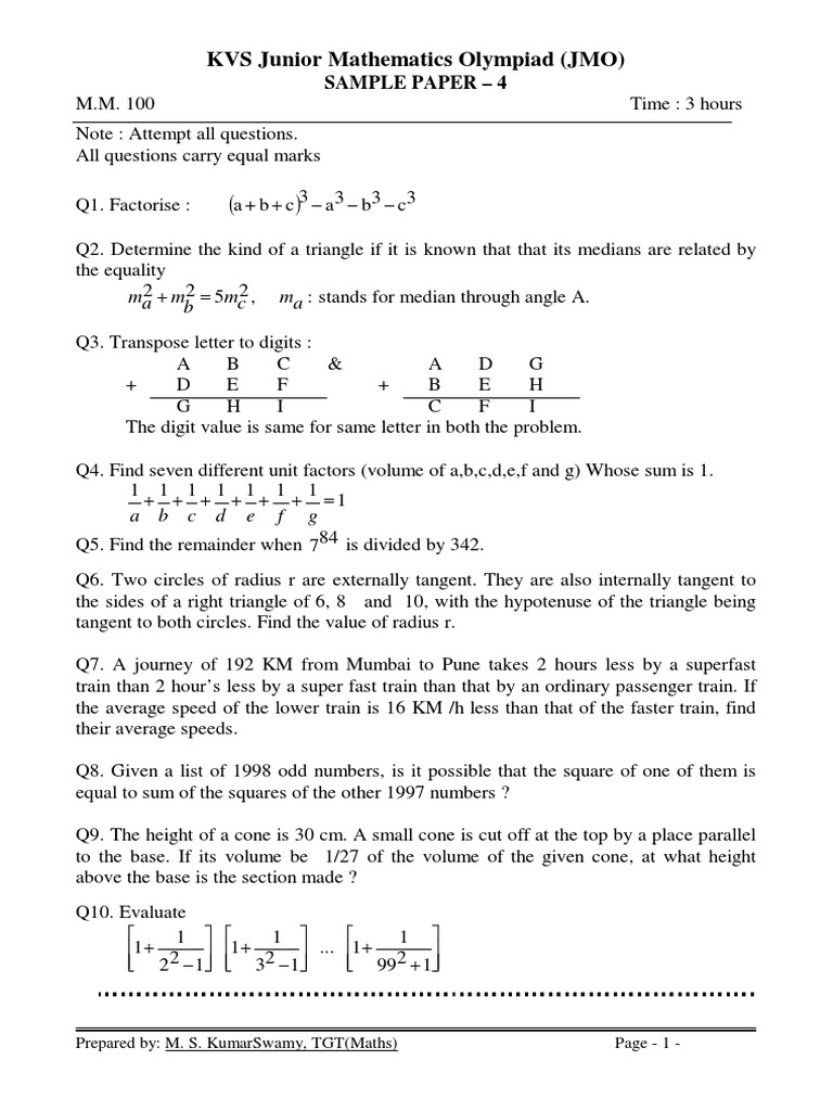 KVS JMO Sample Paper 04 With Solutions PDF | PDF | Triangle Geometry ...