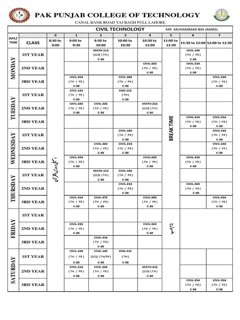 TIME TABLE Session (2019-20) (Muhammad Bin Jameel) | PDF