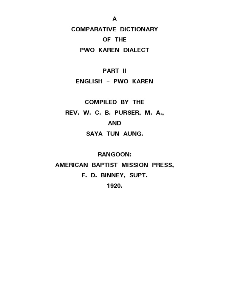 A Comparative Dictionary of West Pwo Karen Dialect Part 2 | PDF