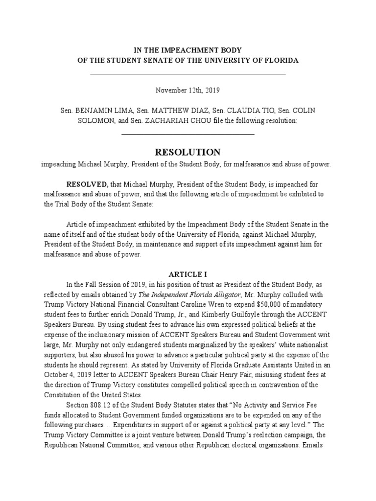 UF Impeachment Resolution | Impeachment | United States Senate | Free ...
