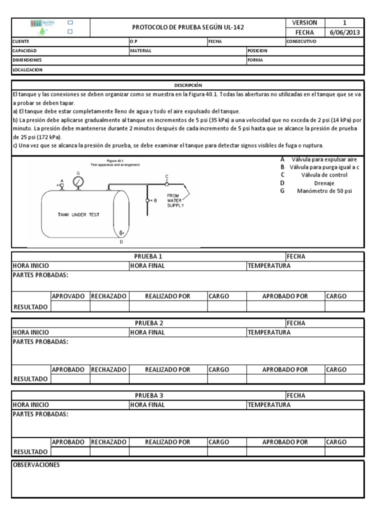 Protocolo de Prueba Ul-142 | PDF | Tanques | Presión