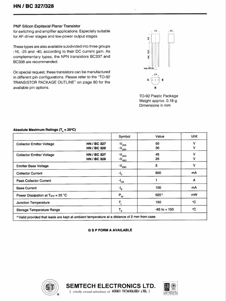 BC327 DATASHEET - PNP Silicon Epitaxial Planar Transistor For Switching ...