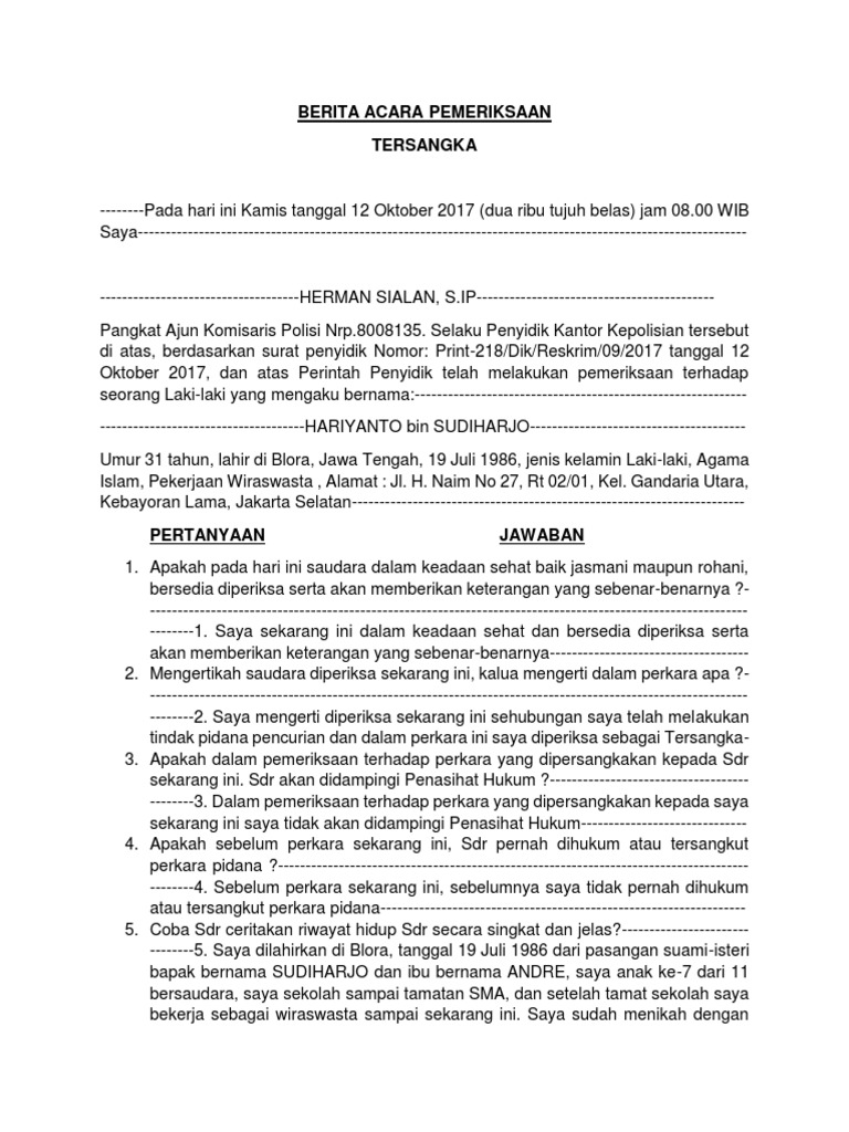 Contoh BERITA ACARA PEMERIKSAAN TERSANGKA | PDF