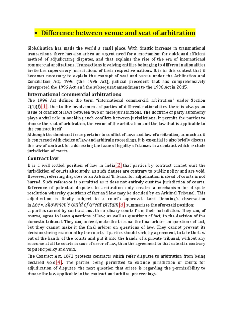 Difference Between Venue and Seat of Arbitration: International ...