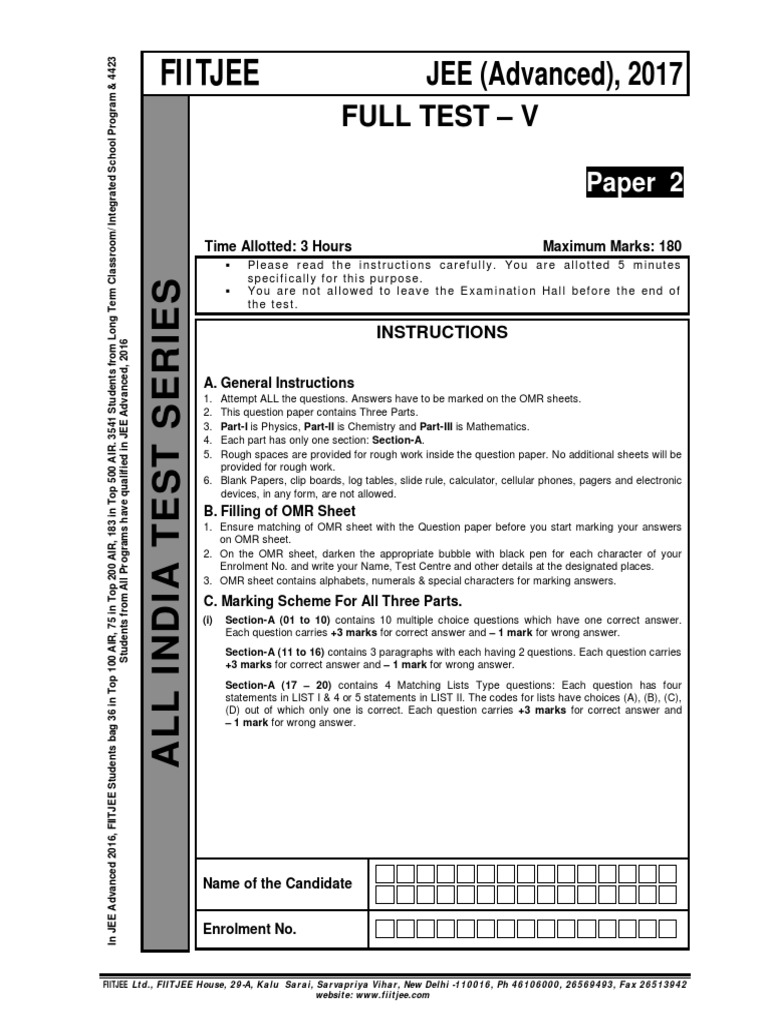 JEE Advanced 2017 Full Test Paper 2 | PDF | Refraction | Refractive Index
