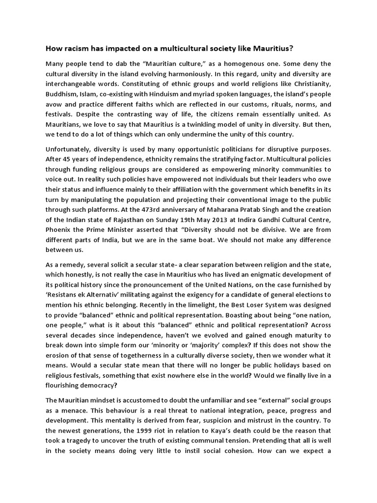 Racism Mauritius | PDF | Mauritius | Multiculturalism