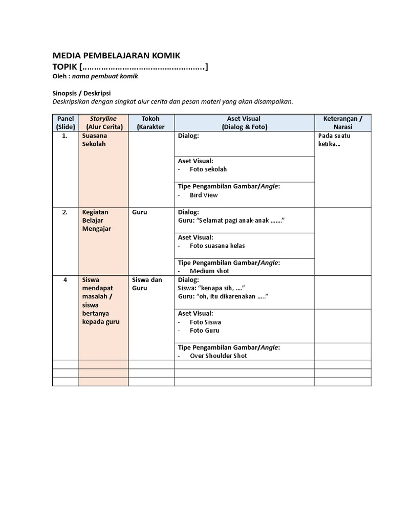 Contoh Format Storyline - Komik Sebagai Media Belajar | PDF