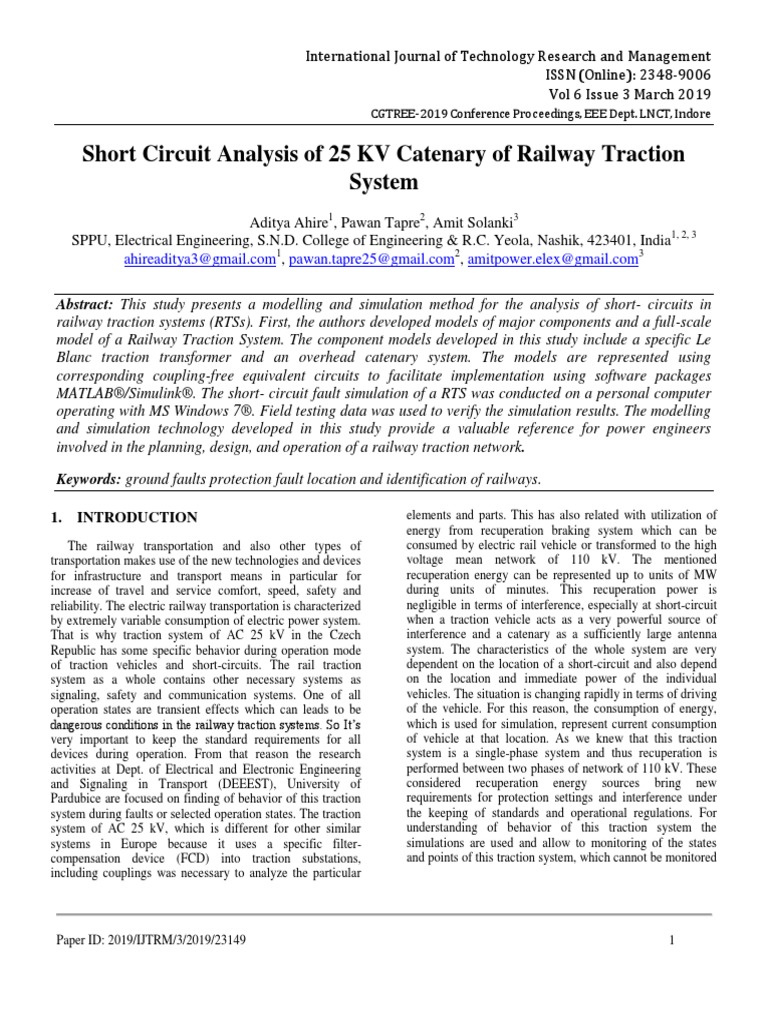 Short Circuit Analysis of 25 KV Catenary of Railway Traction System ...